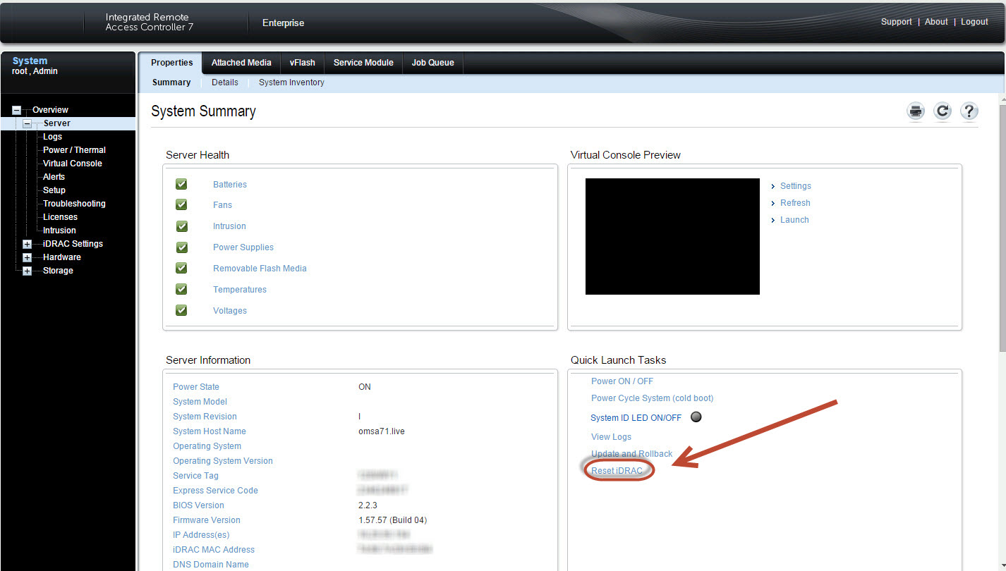 How to Reset (or reboot) the iDRAC 7 Card in a Security Analytics Appliance