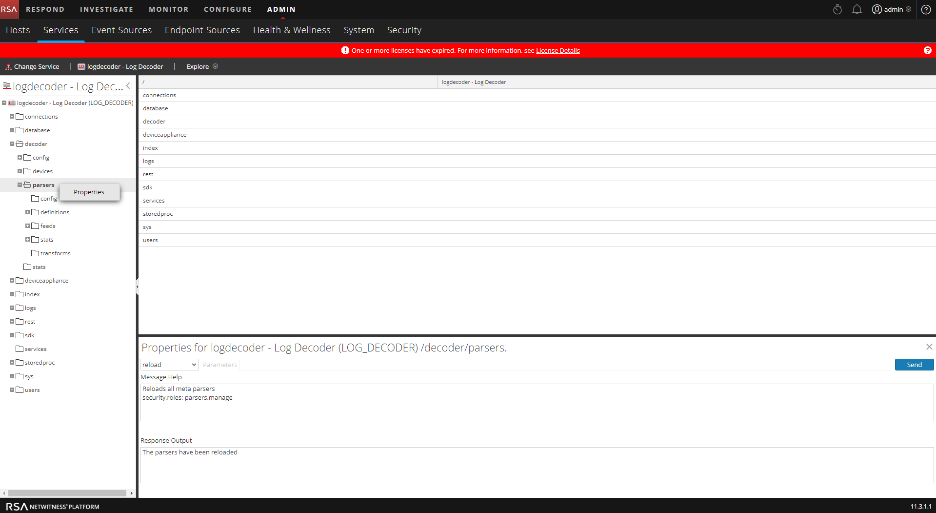 How to reload parsers on a Decoder or Log Decoder via the NetWitness UI